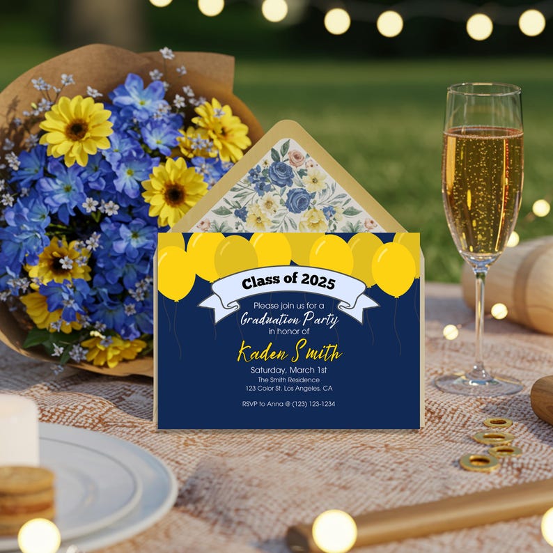 Blue and Yellow Graduation Invitation | Class of 2025 Editable Party ...