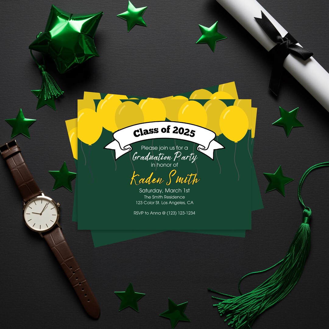 Yellow and Green Graduation Invitation | Class of 2025 Editable Grad ...