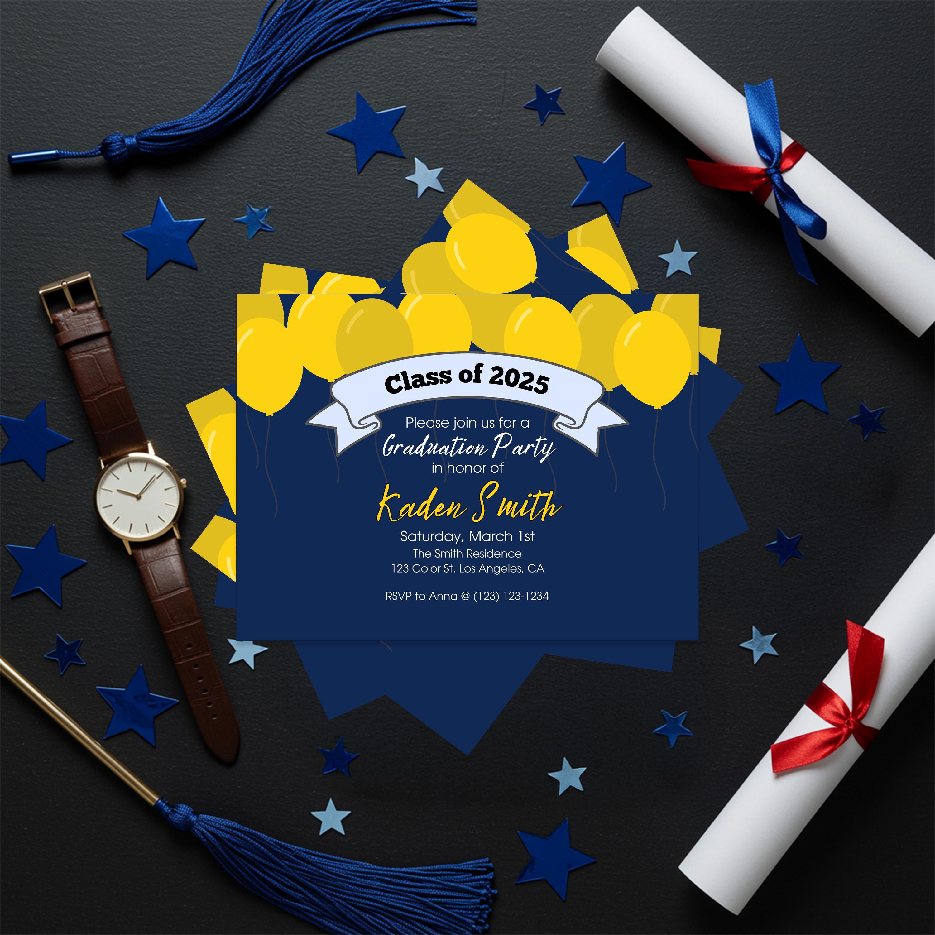 Blue and Yellow Graduation Invitation | Class of 2025 Editable Party ...