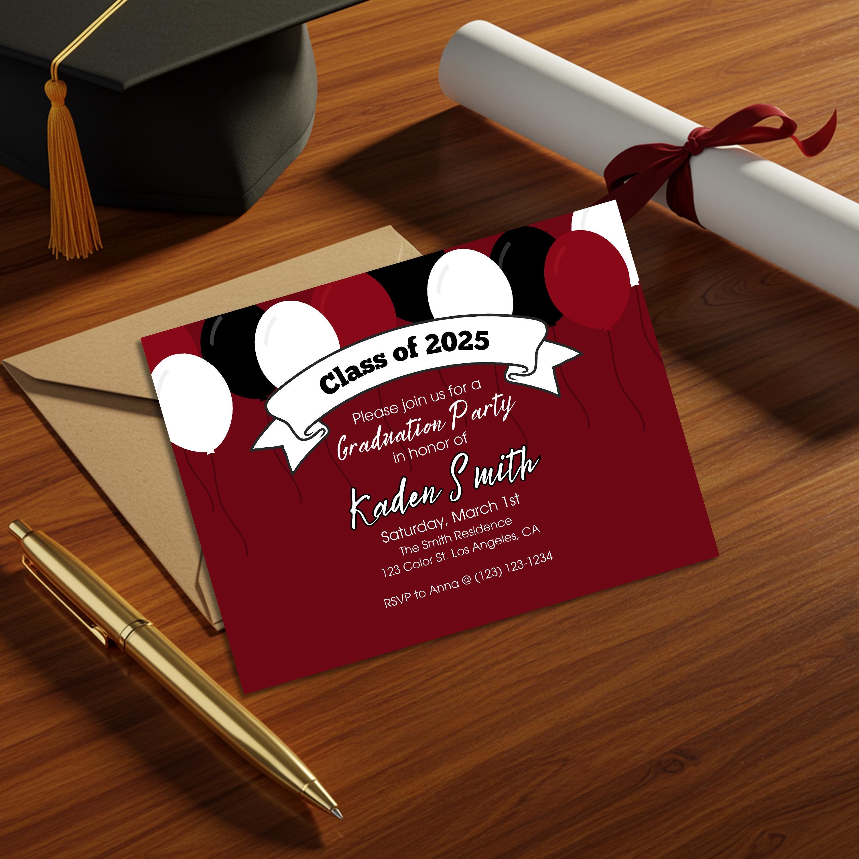 Editable Dark Red and Black Graduation Invitation | Class of 2025 Party ...