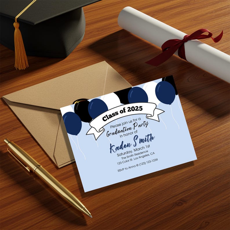 Navy Blue Graduation Invitation | Class of 2025 Editable Template ...