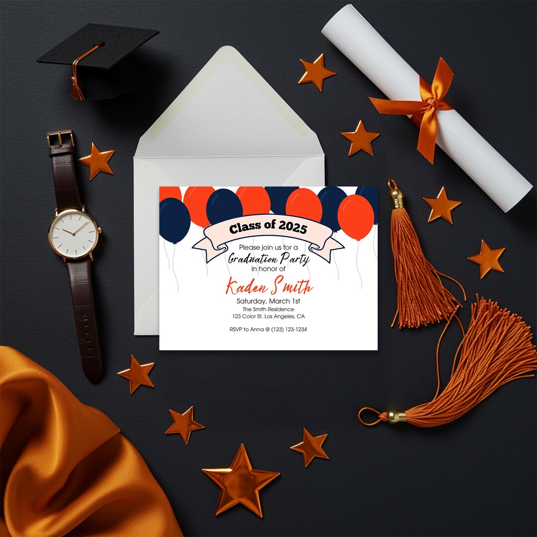 Navy Blue and Orange Graduation Invitation | Editable Class of 2025 ...