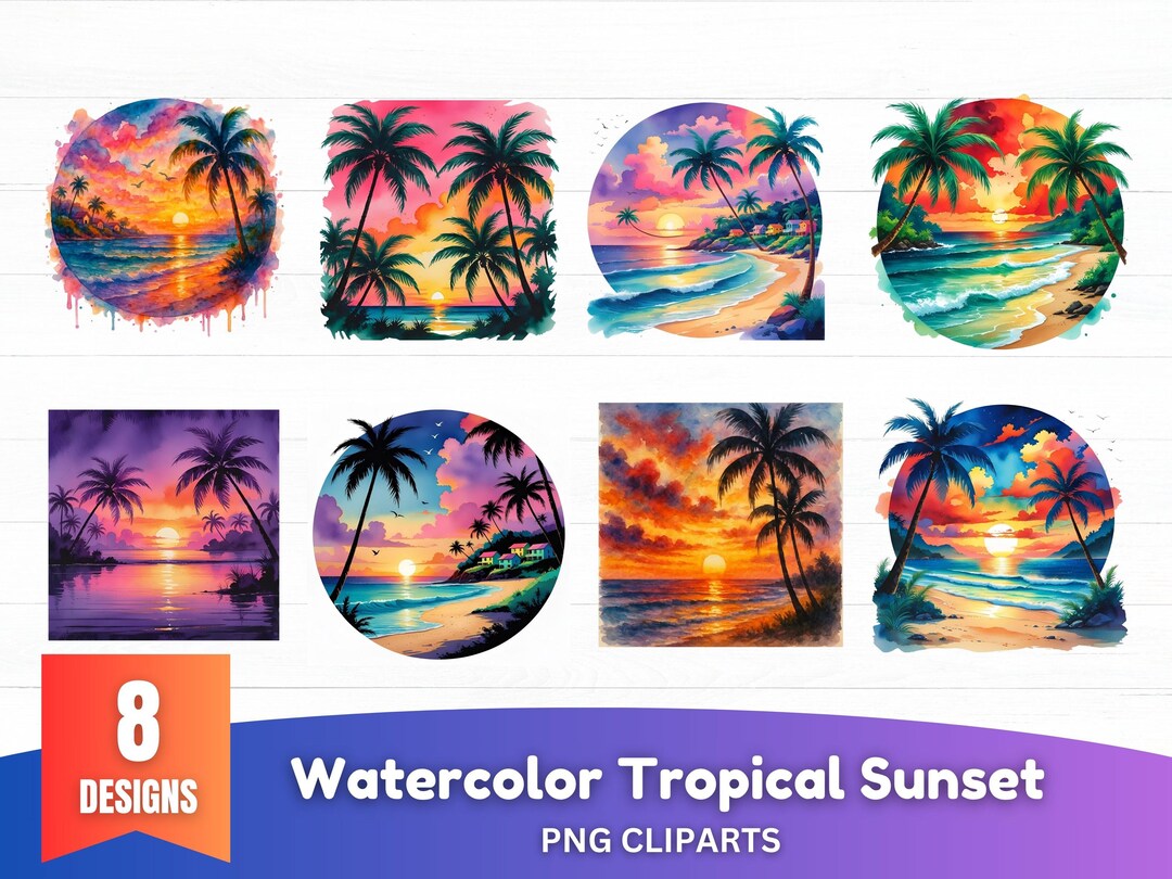 Watercolor Tropical Sunset Collection,watercolor Tropical Sunsets ...