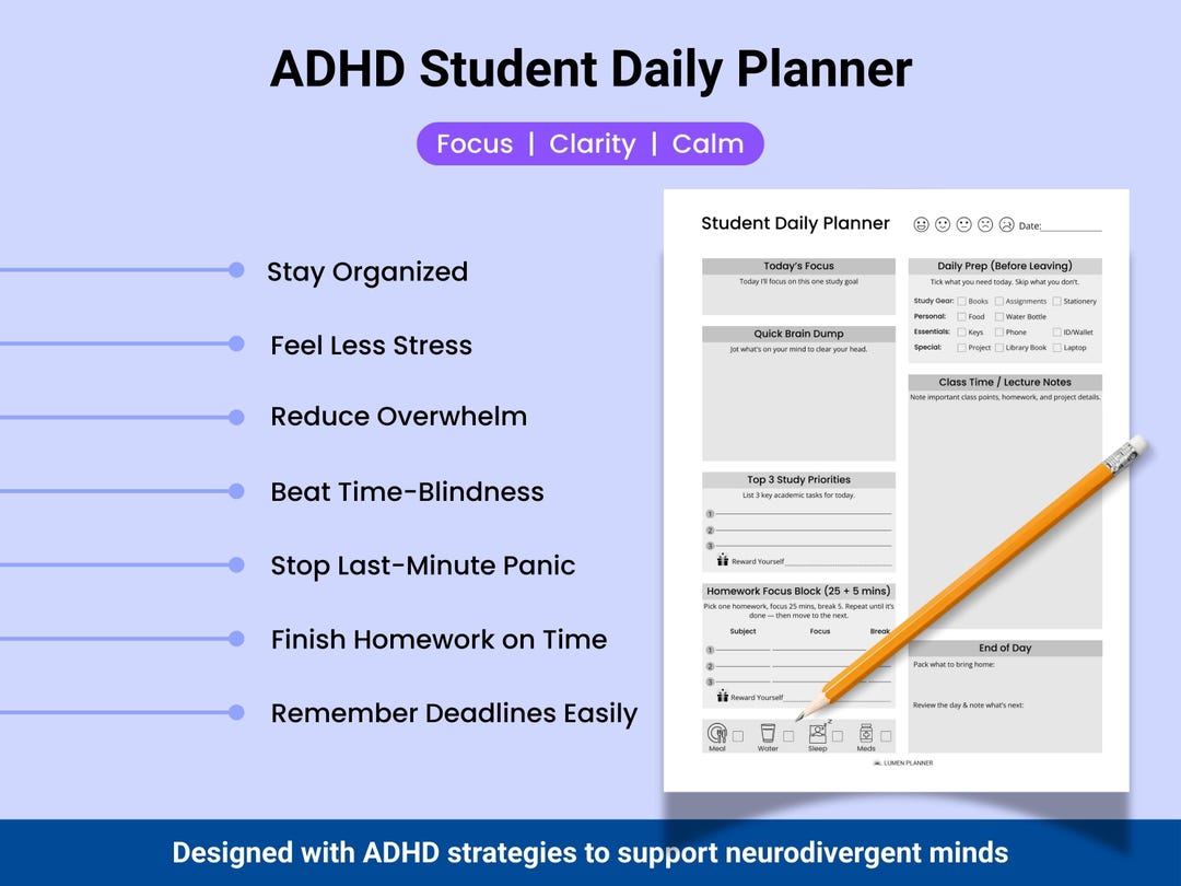 ADHD Student Daily Planner Printable | Homework and Study Organizer for ...