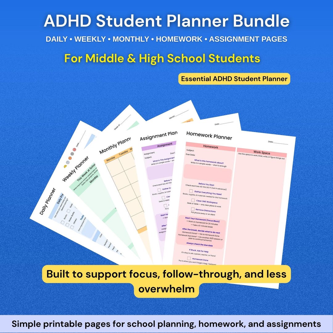ADHD Student Planner Bundle for Middle and High School | Daily, Weekly ...