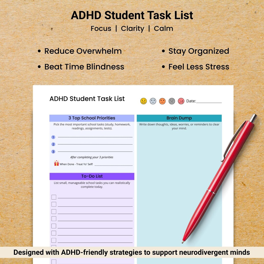 ADHD Student Task List Printable | ADHD Student Checklist & School To ...