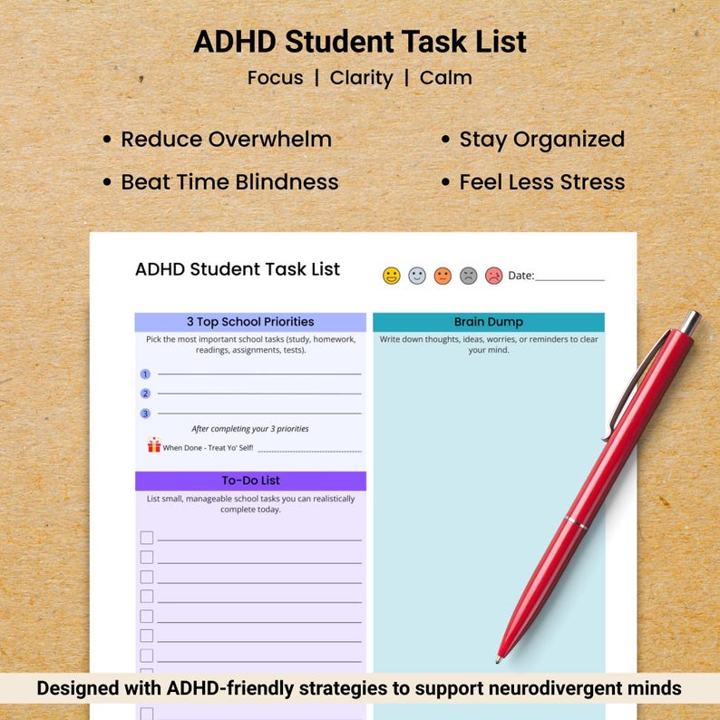 ADHD Student Task List Printable | ADHD Student Checklist & School To ...