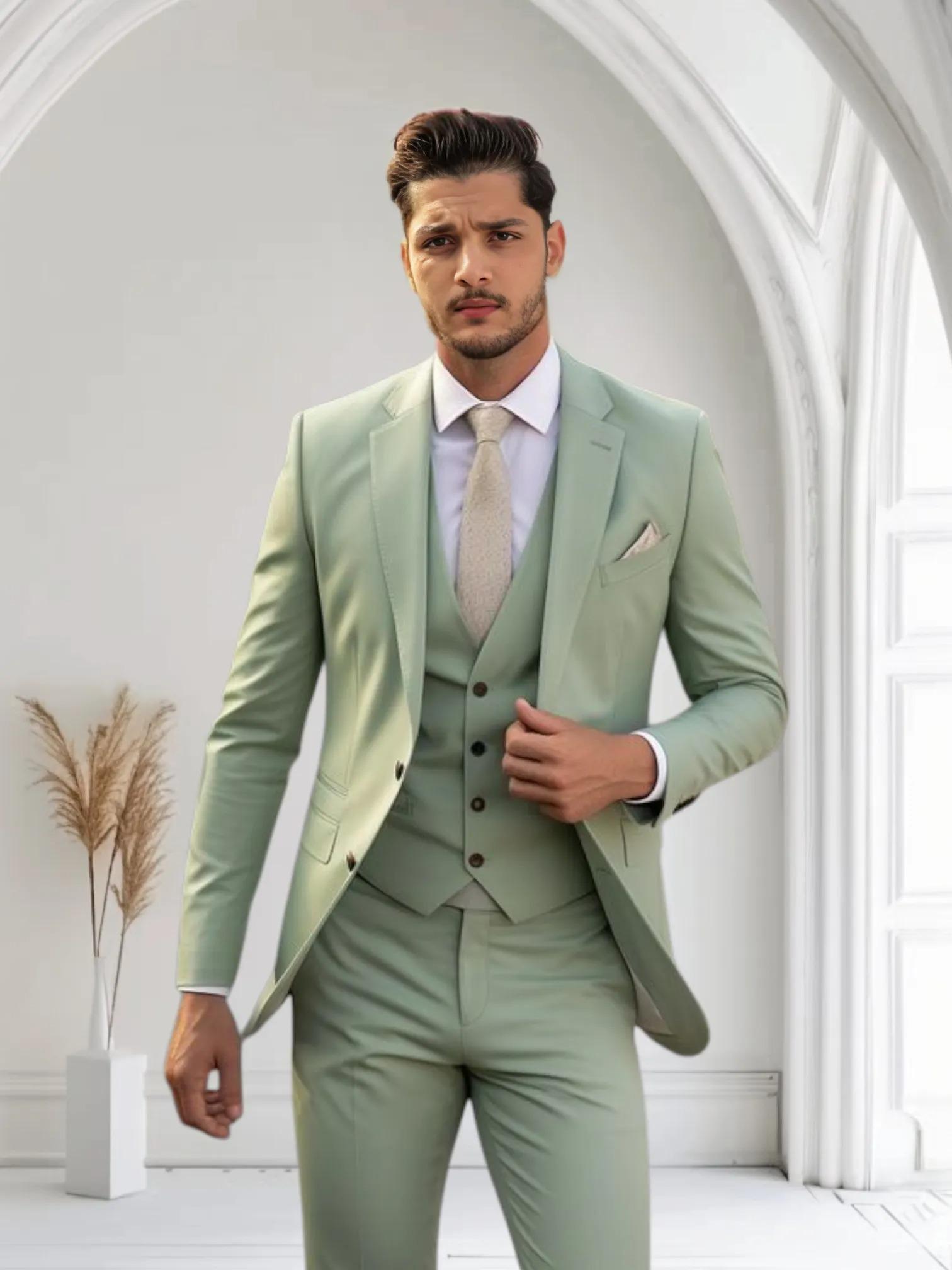 Stylish Sage Green 3 Piece Suit Men's Blazer Outfit Wedding Prom Bespoke, Parties Groomsmen ...