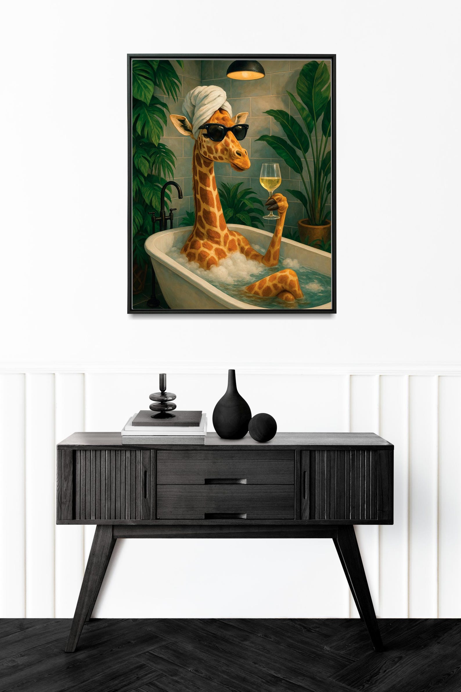 Funny Giraffe in Bathtub Wall Art Print – Quirky Animal Bathroom Decor ...