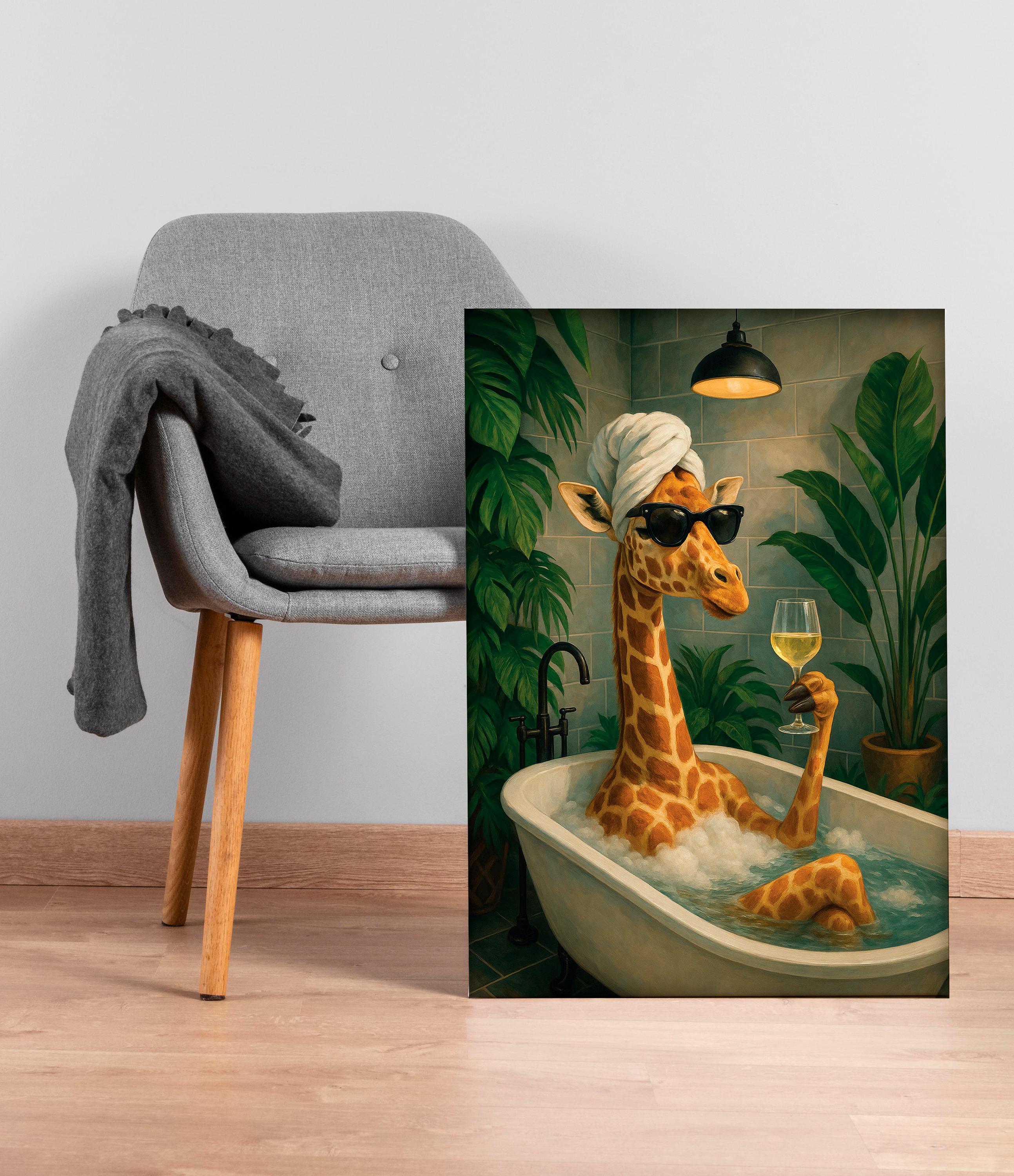 Funny Giraffe in Bathtub Wall Art Print – Quirky Animal Bathroom Decor ...