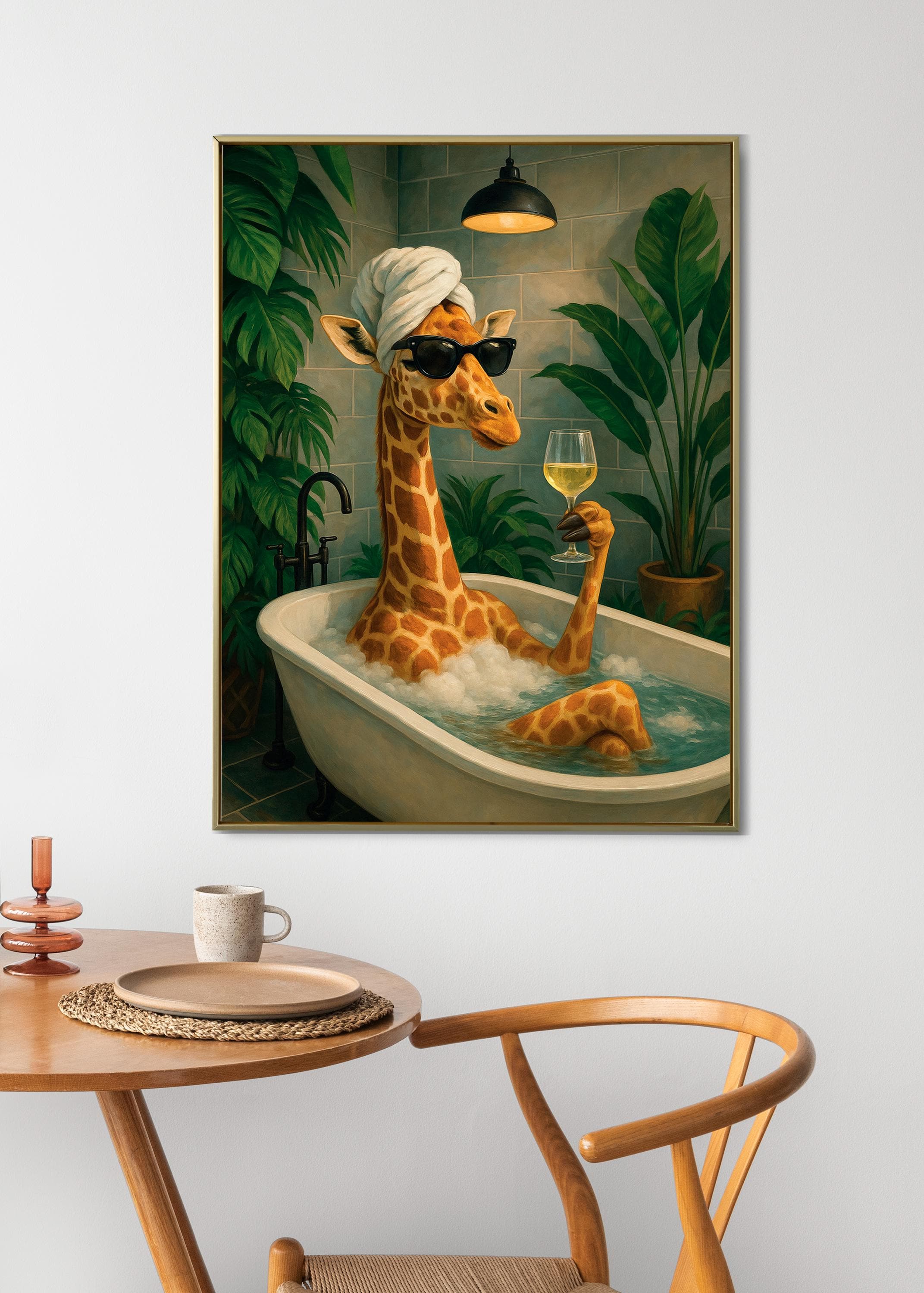 Funny Giraffe in Bathtub Wall Art Print – Quirky Animal Bathroom Decor ...