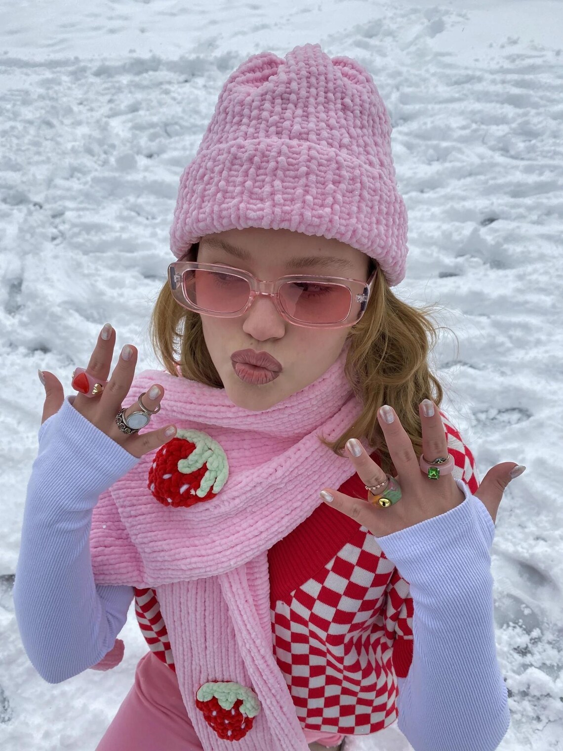 Hand-knit Strawberry Beret and Scarf Set, Cozy Pink Knitwear ...