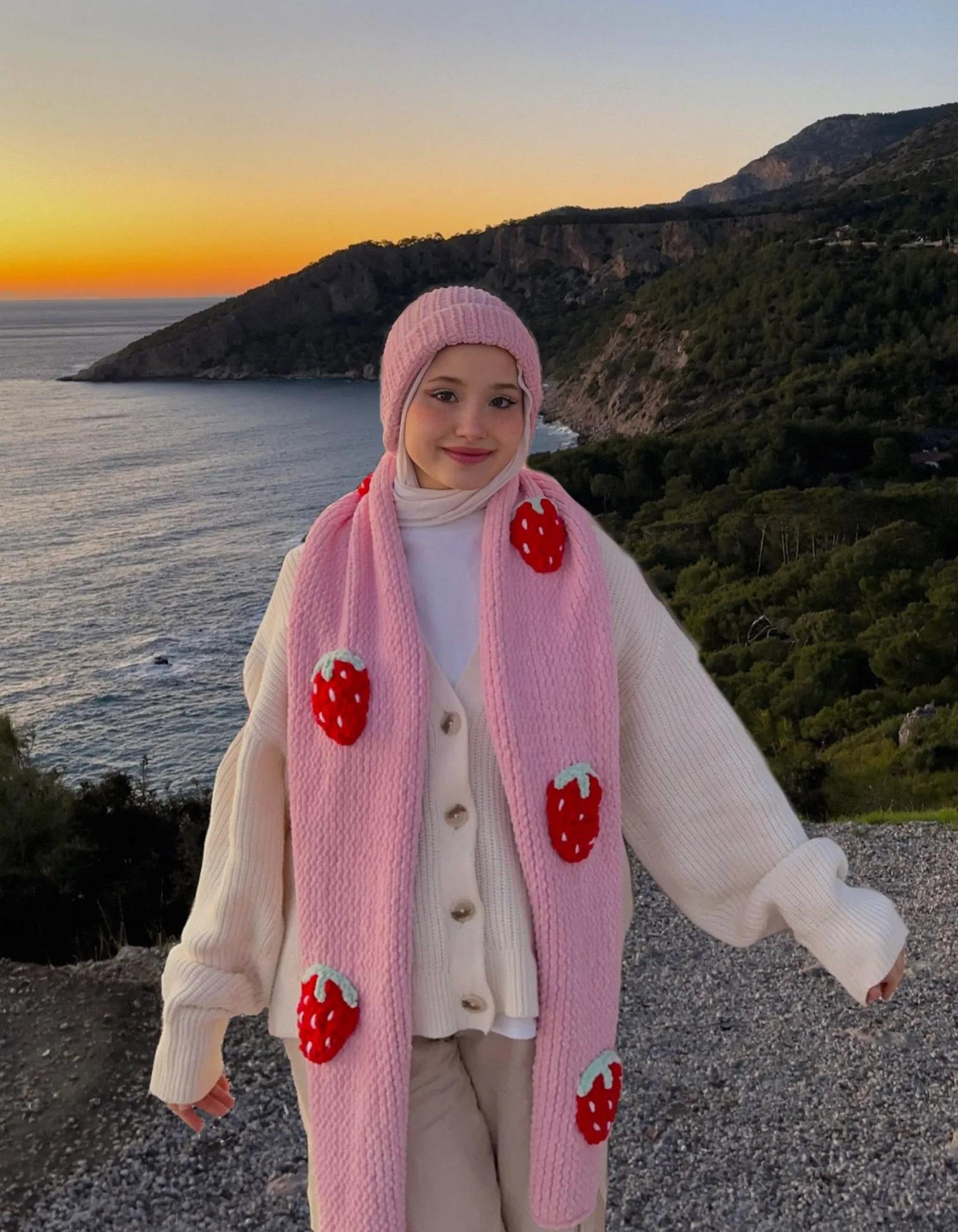 Hand-knit Strawberry Beret and Scarf Set, Cozy Pink Knitwear ...
