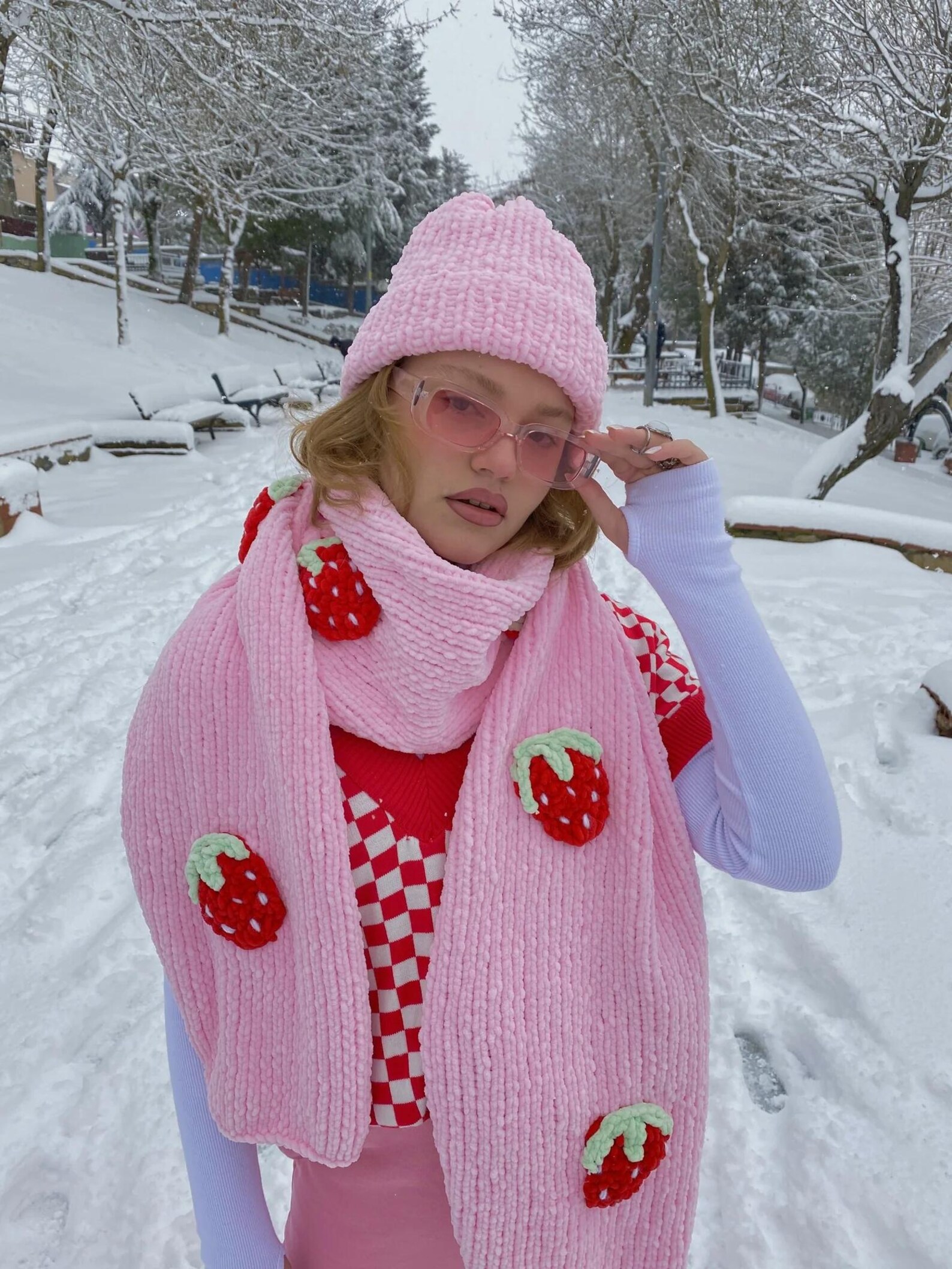 Hand-knit Strawberry Beret and Scarf Set, Cozy Pink Knitwear ...