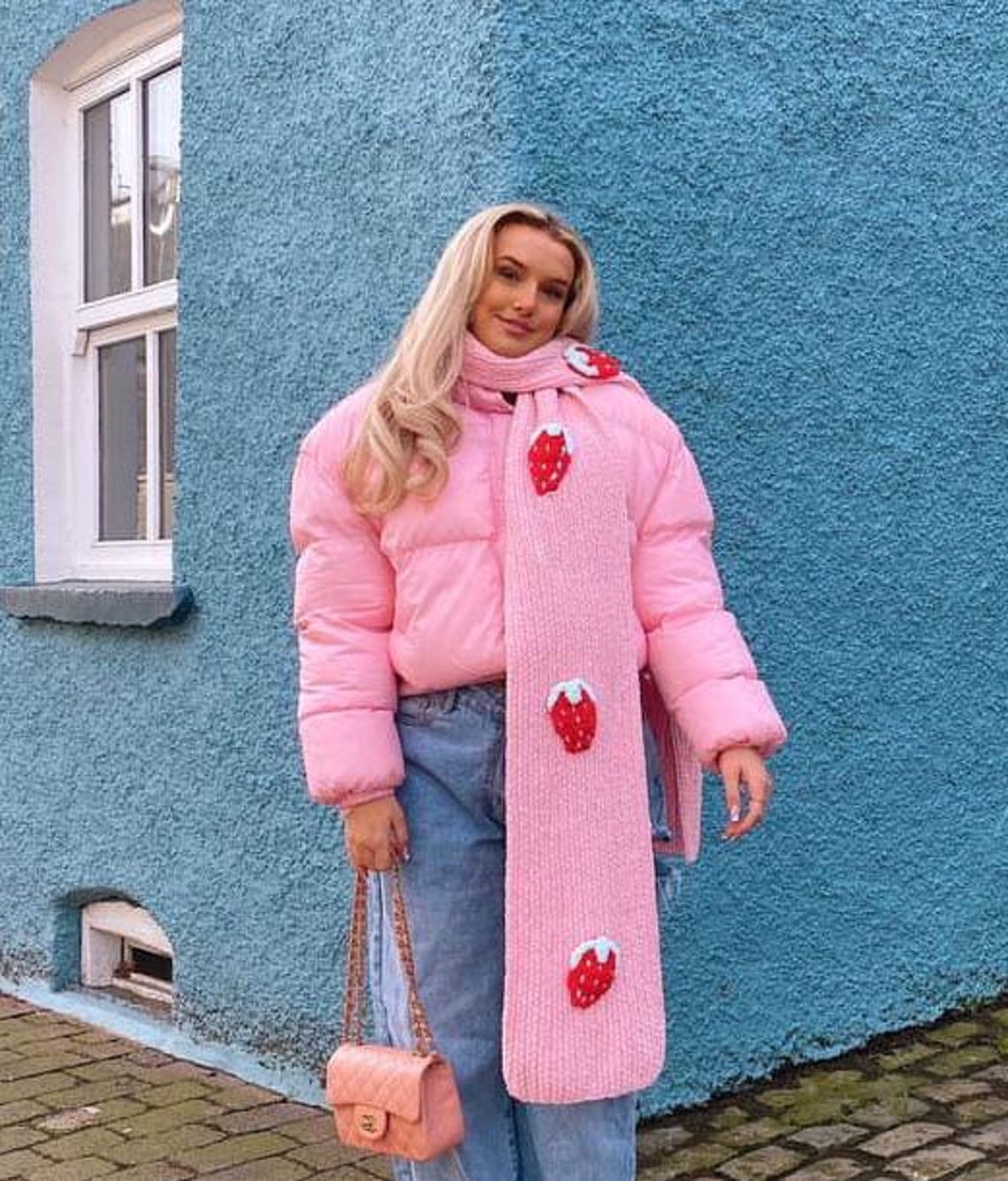 Hand-knit Strawberry Beret and Scarf Set, Cozy Pink Knitwear ...