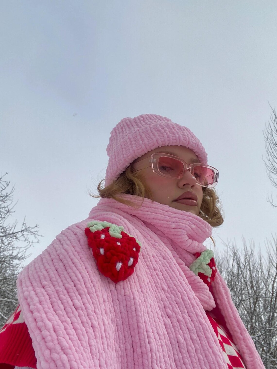 Hand-knit Strawberry Beret and Scarf Set, Cozy Pink Knitwear ...