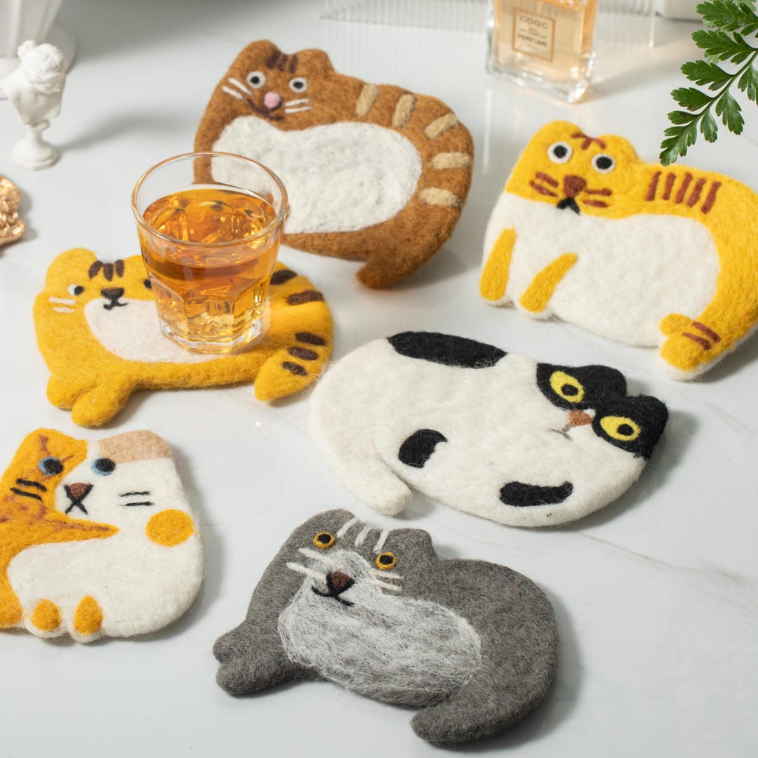 Handmade Nepal Wool Felt Coffee Cup Mug Table Rug - Scaredy Kitty Cats ...