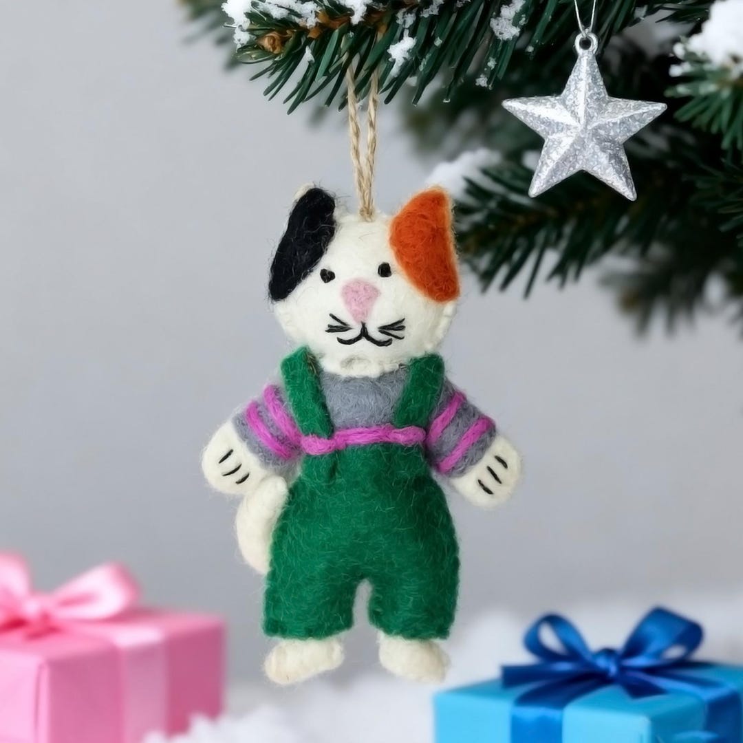 Handmade Wool Felt Cozy Calico Cat Ornament – Made in Nepal - Etsy