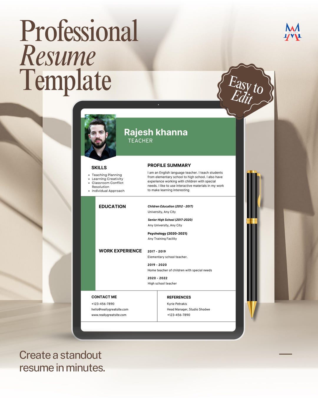 Teacher Resume Template Word and Pages | Teaching Resume Template, CV ...