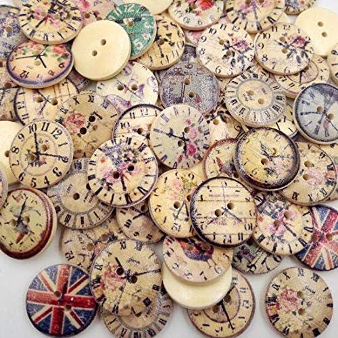 50 PCS 20MM 2-hole New Vintage Style Popular Mixed Craft Round Wooden ...