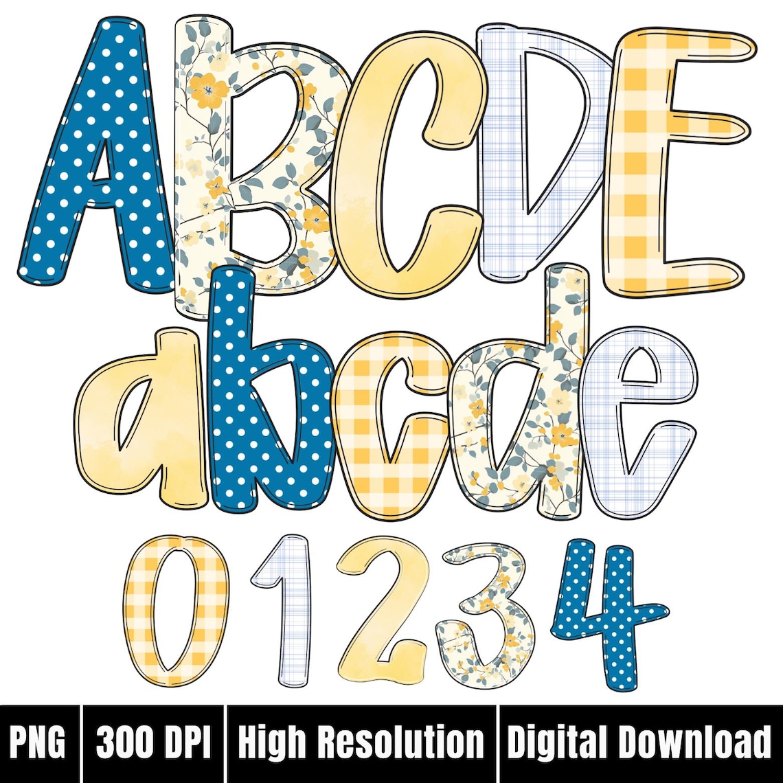 Gingham and Floral Alphabet PNG Canva Doodle Alpha Set Template ...