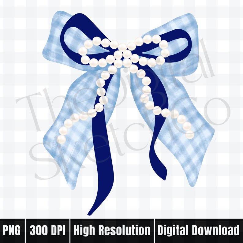 Blue Gingham Bow Pearl Coquette PNG Grandmillennial Christmas Clipart ...