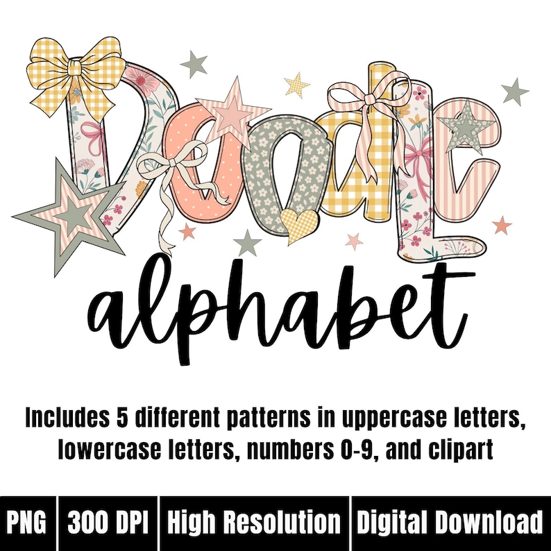 Preppy Gingham Floral Doodle Alphabet Grandmillennial Numbers Letters ...
