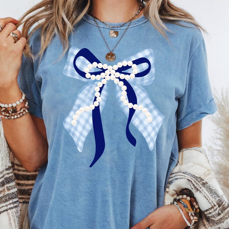 Blue Gingham Bow Pearl Coquette PNG Grandmillennial Christmas Clipart ...
