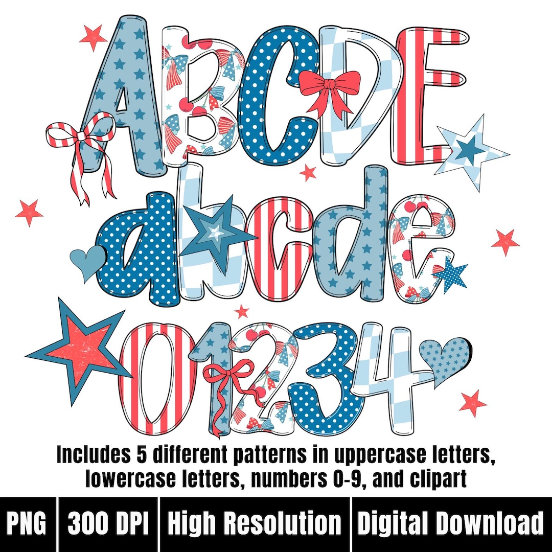 America Alphabet PNG Letters USA Doodle Alpha Set Template 4th of July ...