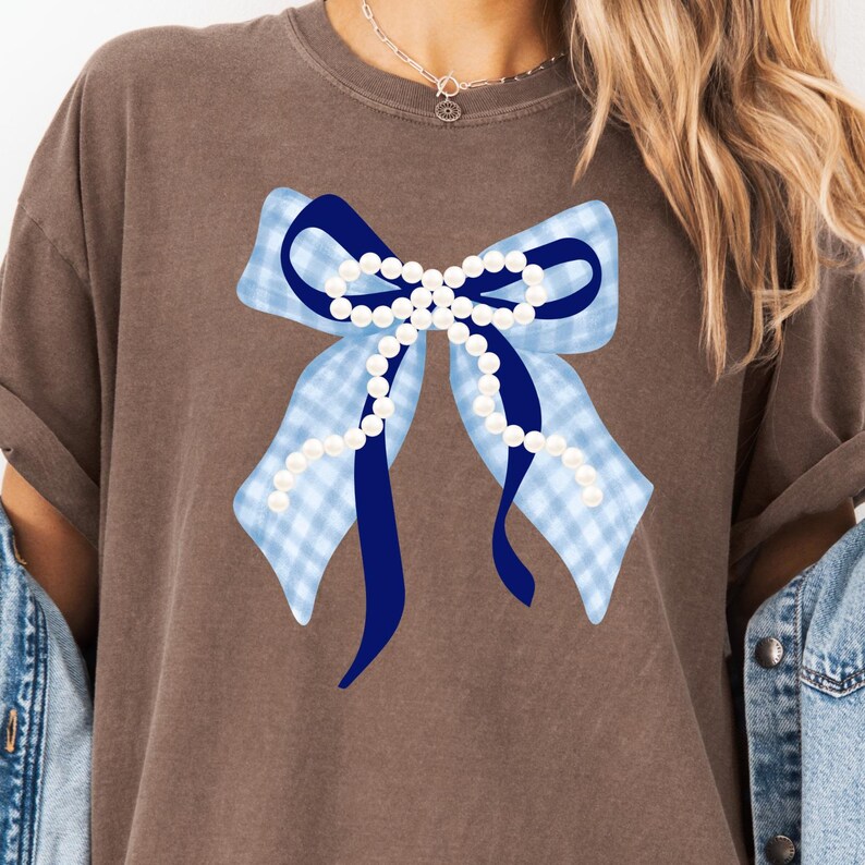 Blue Gingham Bow Pearl Coquette PNG Grandmillennial Christmas Clipart ...
