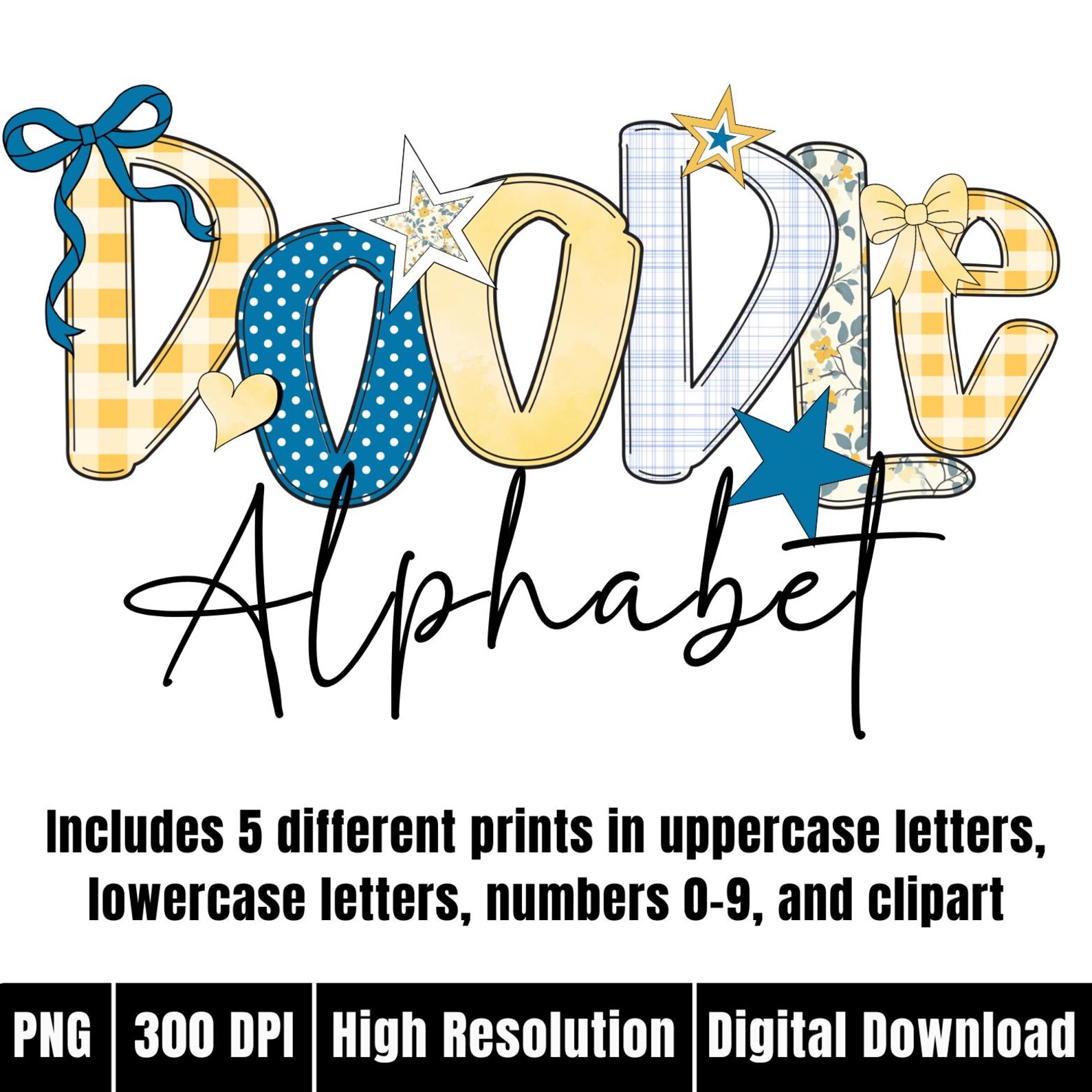 Gingham and Floral Alphabet PNG Canva Doodle Alpha Set Template ...