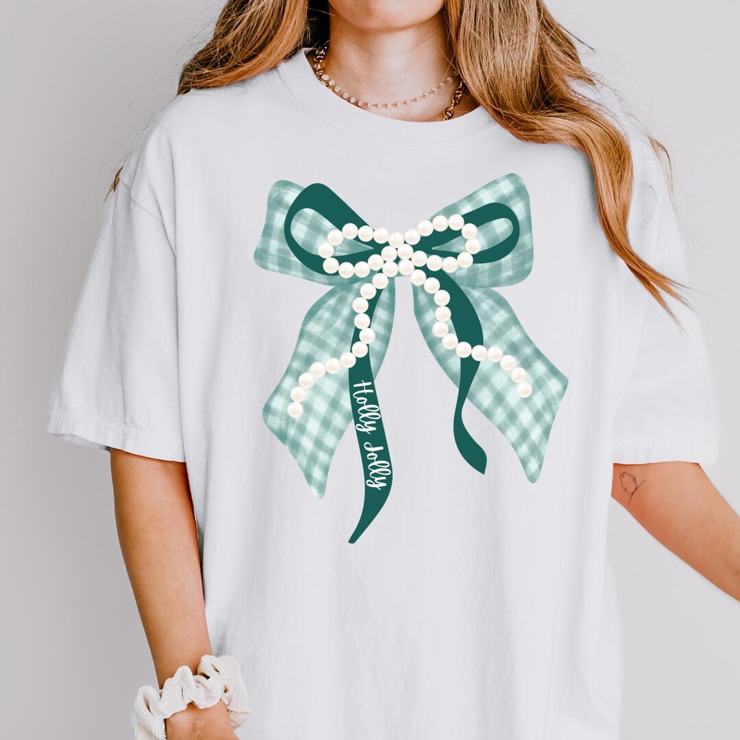Grandmillennial Ribbon Gingham Bow PNG Pearl Green and White Plaid ...