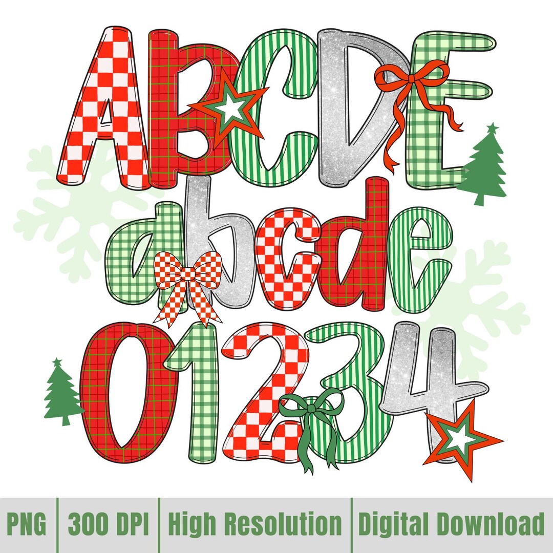 Glitter Red Check Christmas Doodle Alphabet PNG Retro Checkered Xmas ...