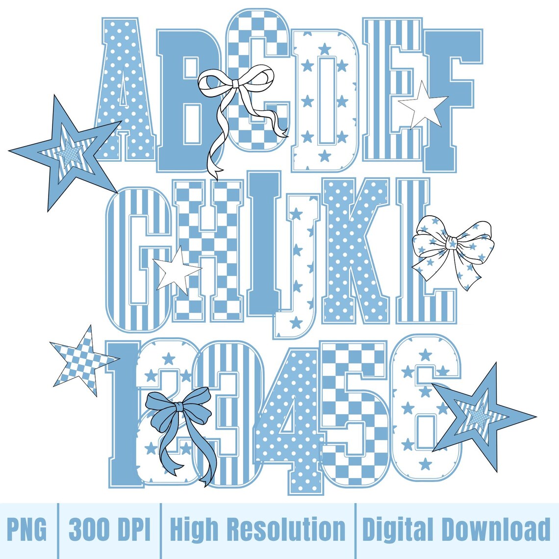 Blue Varsity Letters Doodle Alphabet PNG Checkered Alpha Blue Design ...