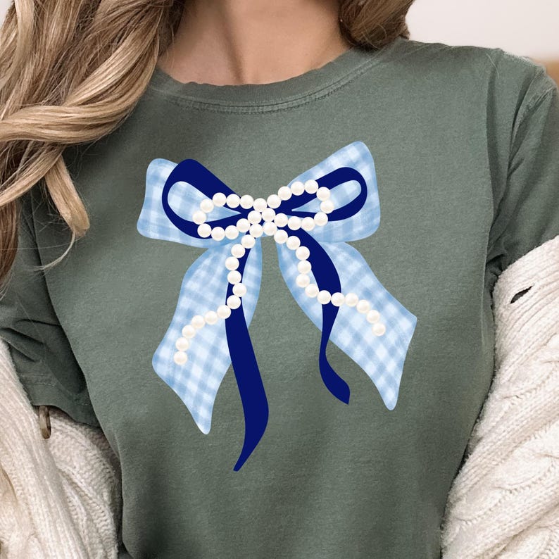 Blue Gingham Bow Pearl Coquette PNG Grandmillennial Christmas Clipart ...
