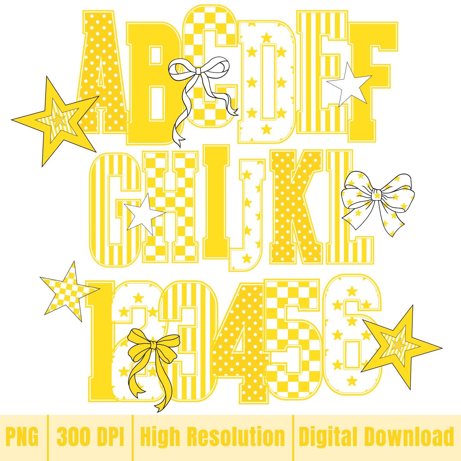 Yellow Varsity Letters Doodle Alphabet PNG Checkered Alpha Gold Design ...
