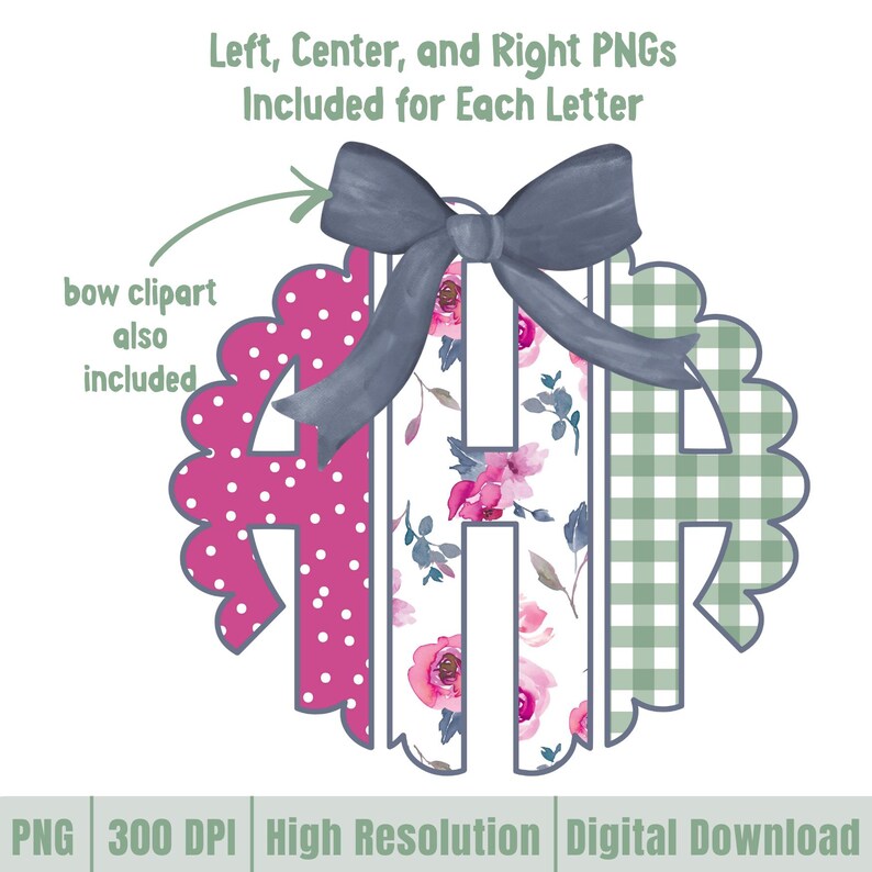 Floral Checkered Monogram PNG Pastel Scalloped Initials Letters Canva ...