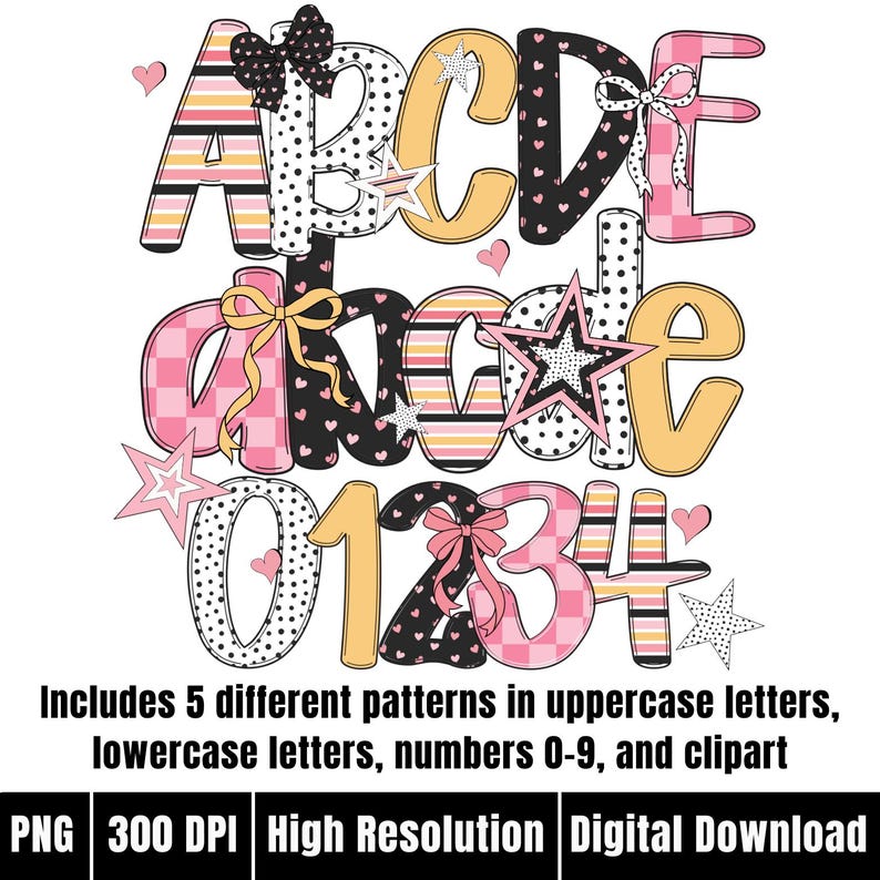Retro Alphabet PNG Letters Canva Doodle Alpha Set Template Check Polka ...