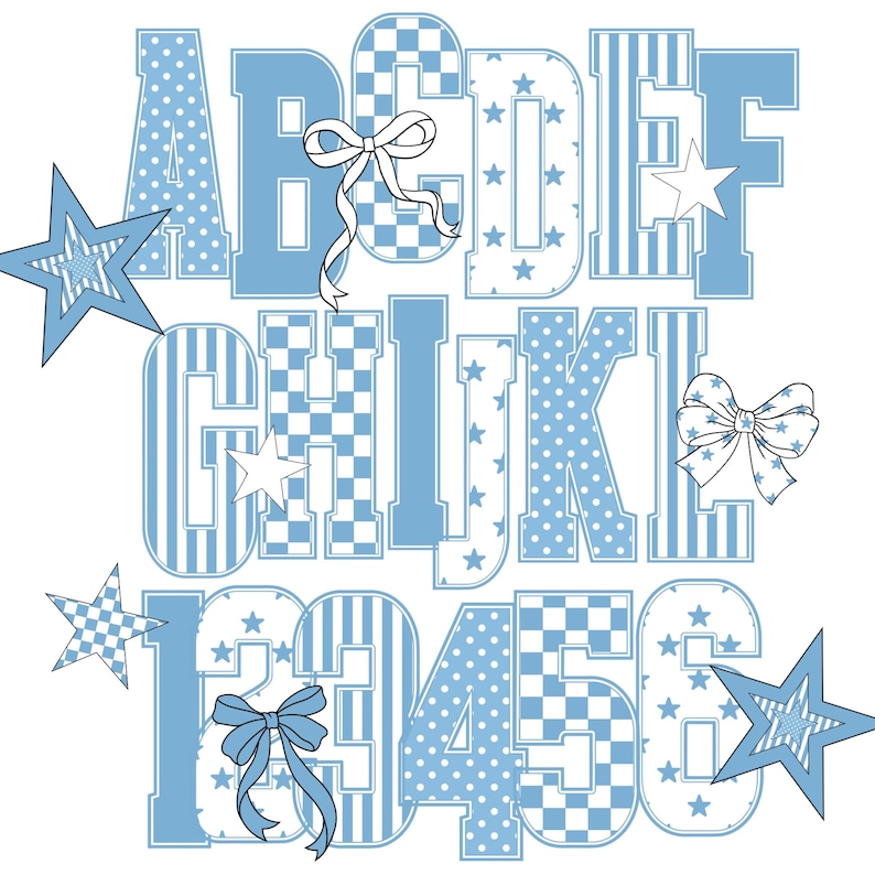 Blue Varsity Letters Doodle Alphabet PNG Checkered Alpha Blue Design ...