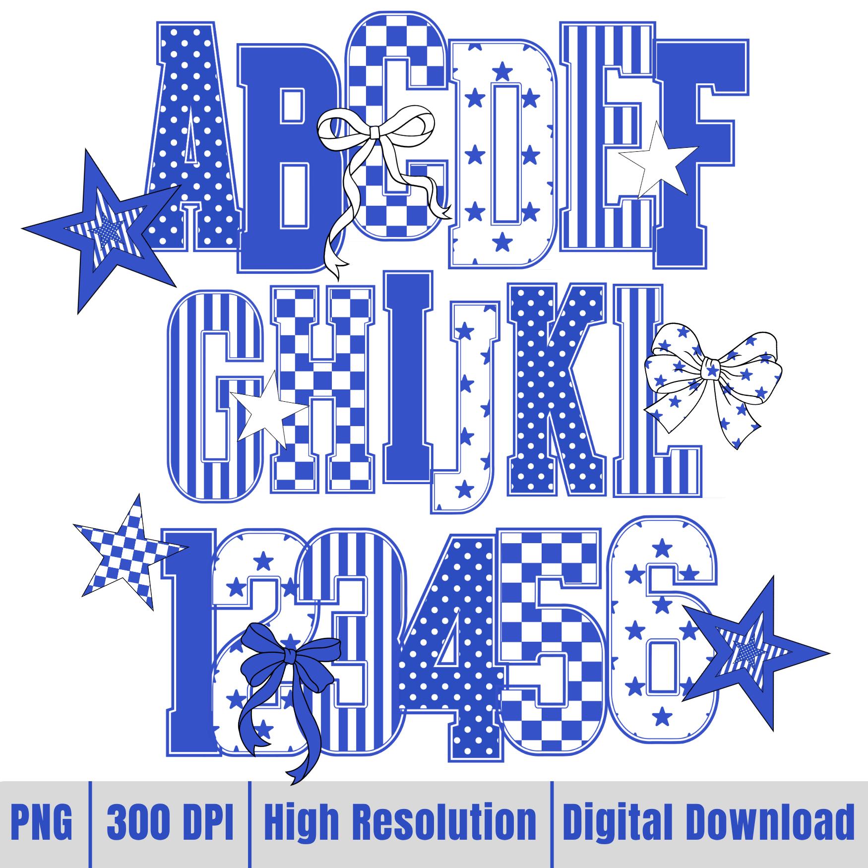 Royal Blue Varsity Letters Doodle Alphabet PNG Checkered Alpha Blue ...