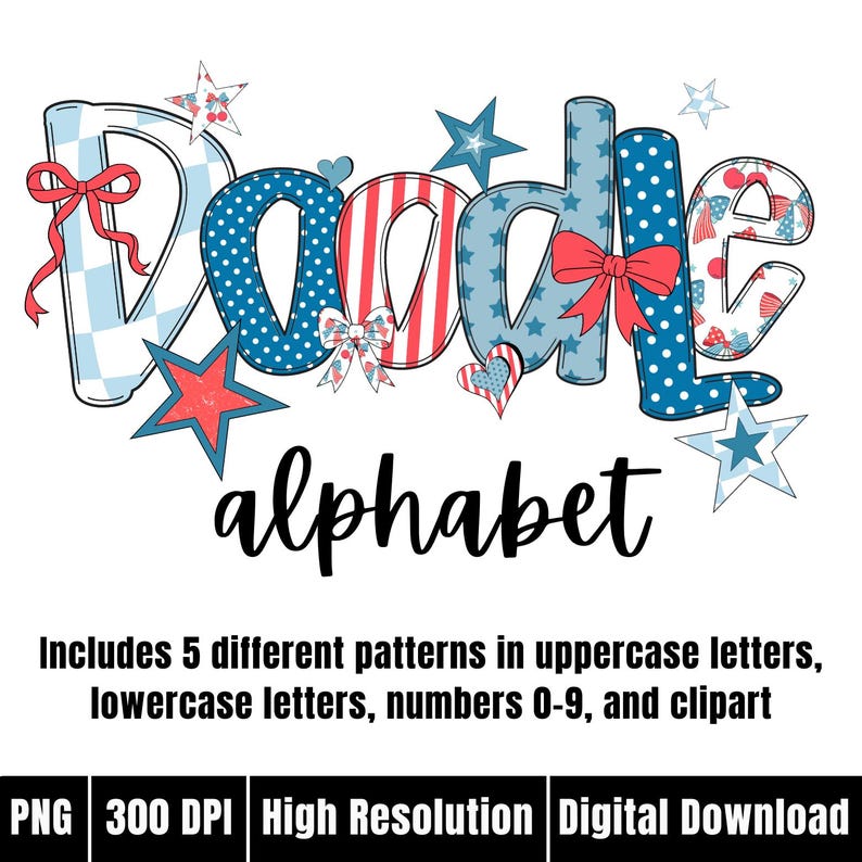 America Alphabet PNG Letters USA Doodle Alpha Set Template 4th of July ...