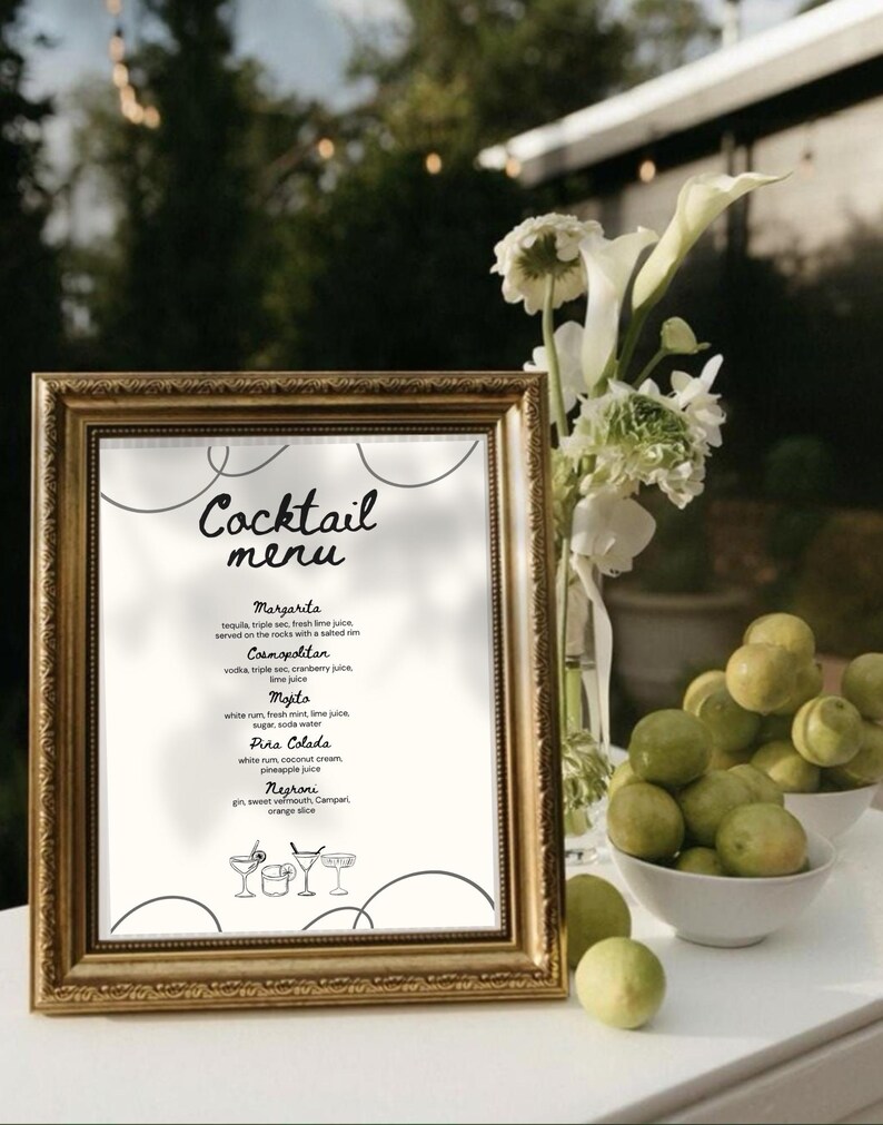 Printable Wedding Cocktail Bar Sign | Elegant Signature Drinks Menu ...