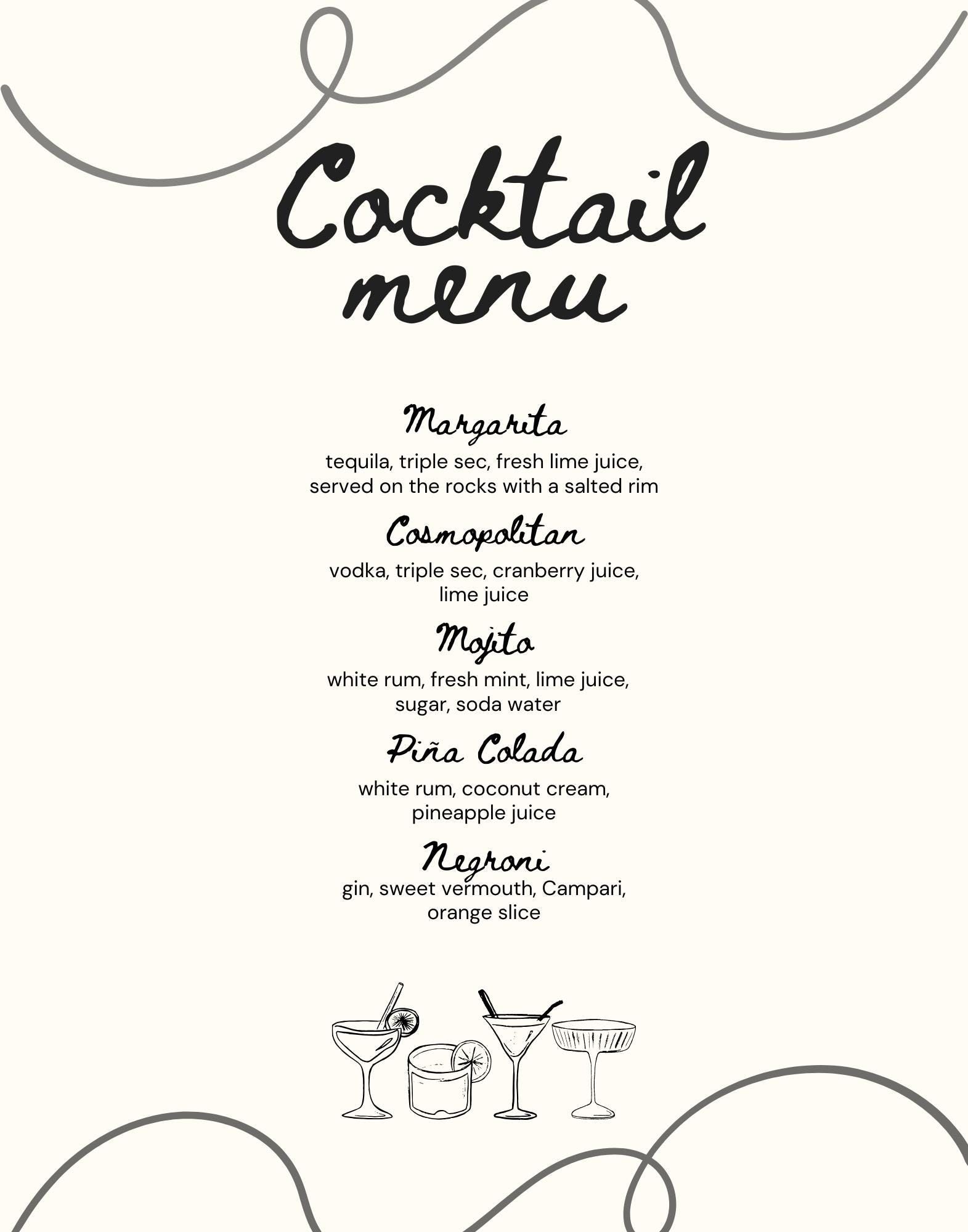 Printable Wedding Cocktail Bar Sign | Elegant Signature Drinks Menu ...