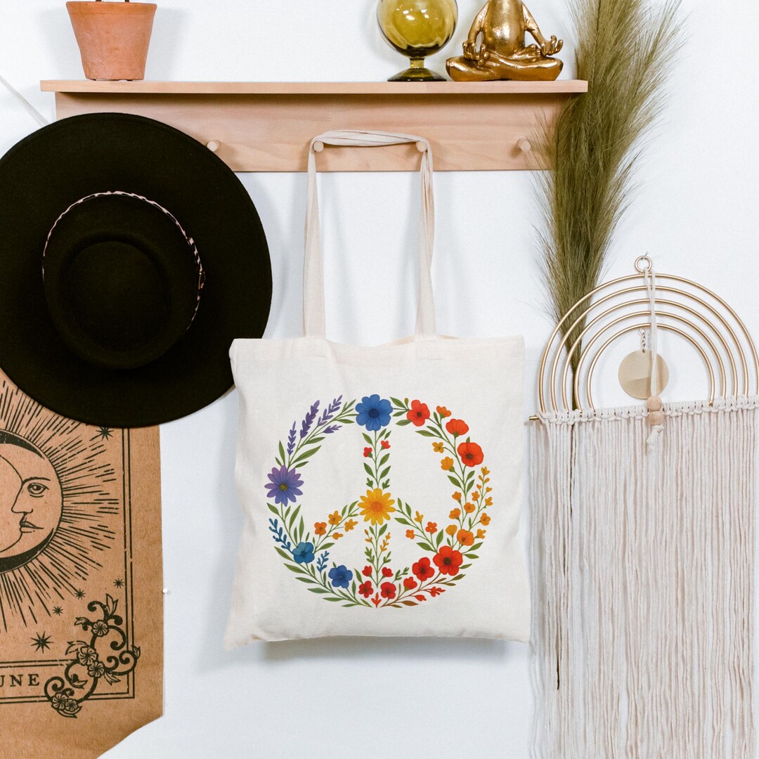 Pride Rainbow Floral Peace Sign Tote Bag, Boho LGBTQ+ Market Bag ...