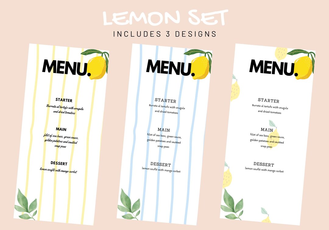 Lemon Set Menu Card Template for Canva - Etsy