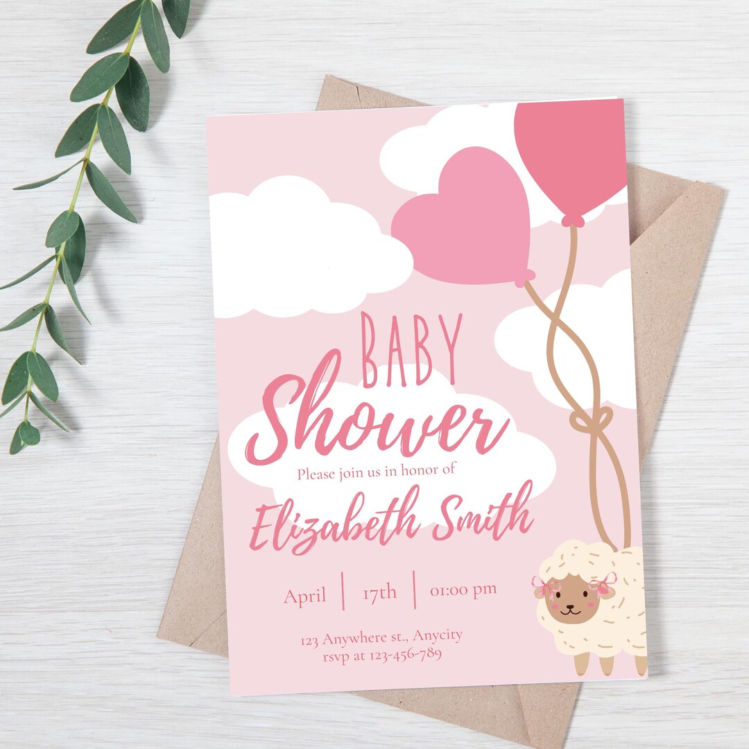 Pink Baby Shower Invitation, Cute Lamb Baby Shower Invite, Adorable ...