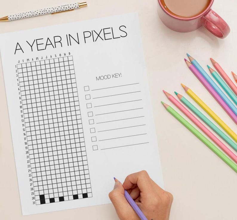 Year in Pixels Mood Tracker Printable, 12 Month Mood Journal, Digital ...
