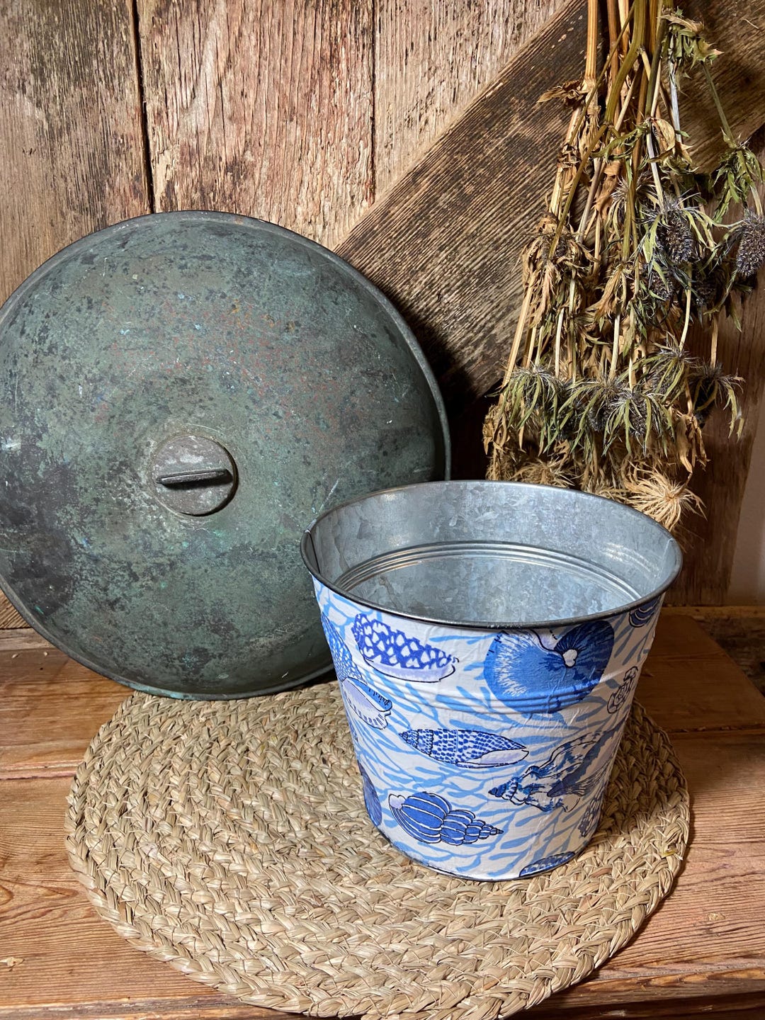 Vintage Seashell Decoupage Bucket - Cottagecore Home Decor - Etsy