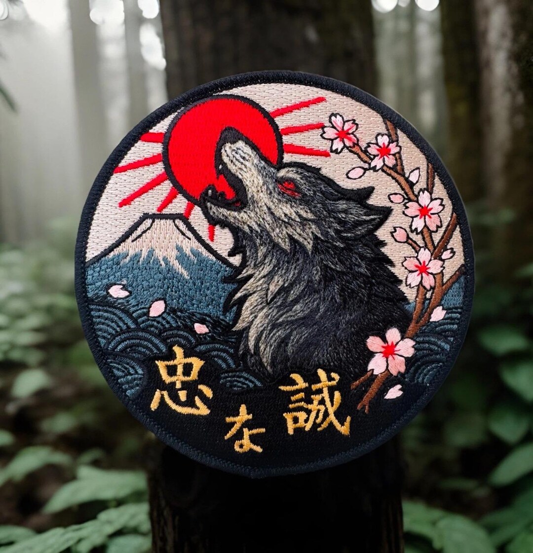 Okami Japanese Wolf With Cherry Blossom and Mt Fuji Embroidered Hook/loop Morale Patch - Etsy