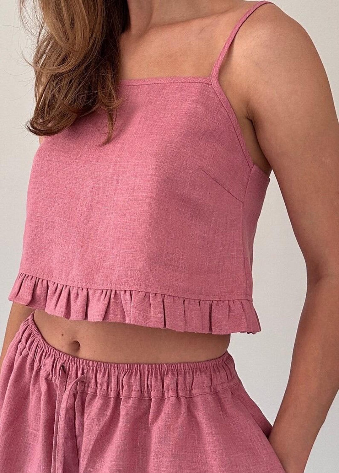 Womens Pink Linen Crop Top , Summer Sleeveless Ruffle Top, Women's ...